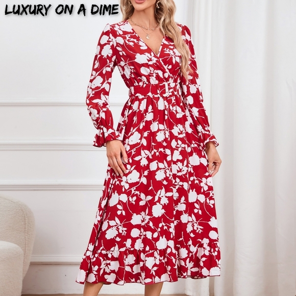 Dresses | Belted Contrasting Floral Surplice Vneck Long Sleeve Ruffle ...